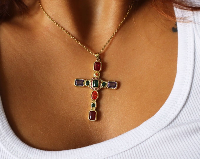 Multicolor Cross Necklace, Vintage Inspired Necklace, Cross Jewelry for ...