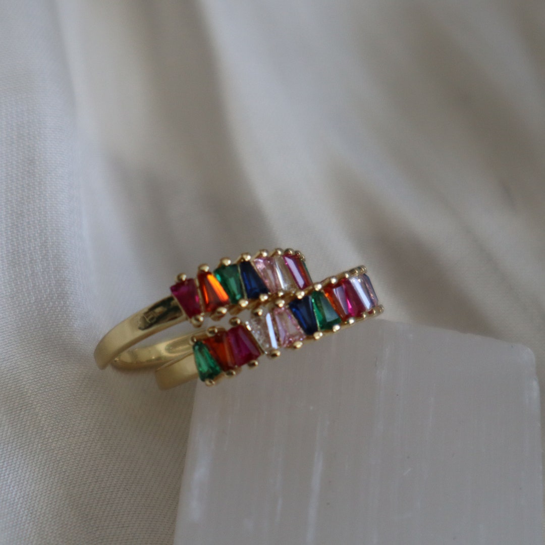 18K Gold Multicolored Gemstone Ring – Adjustable Cubic Zirconia ...