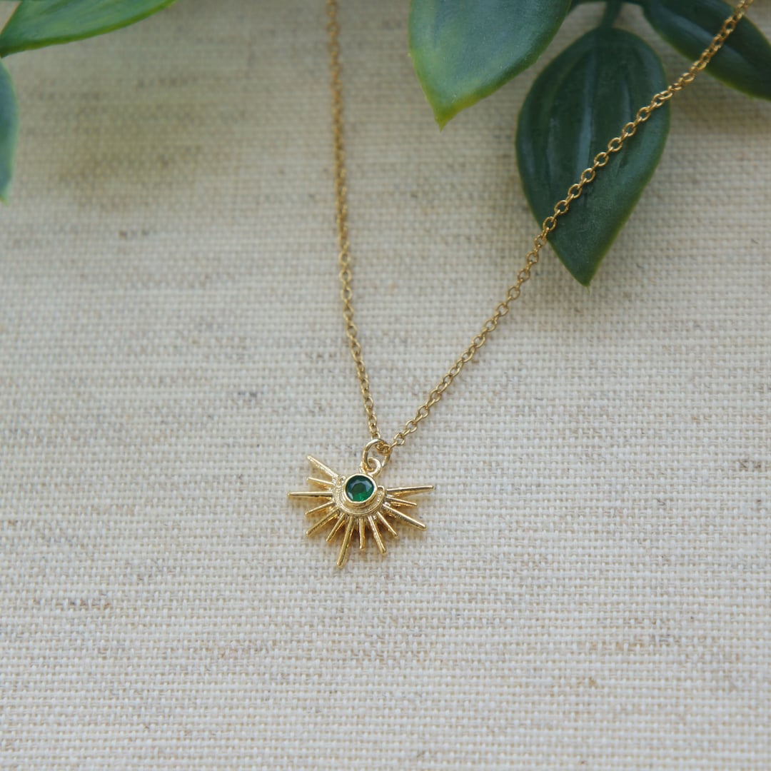 Gold Star Burst Necklace Green Cubic Zirconia Emerald Charm Necklace ...