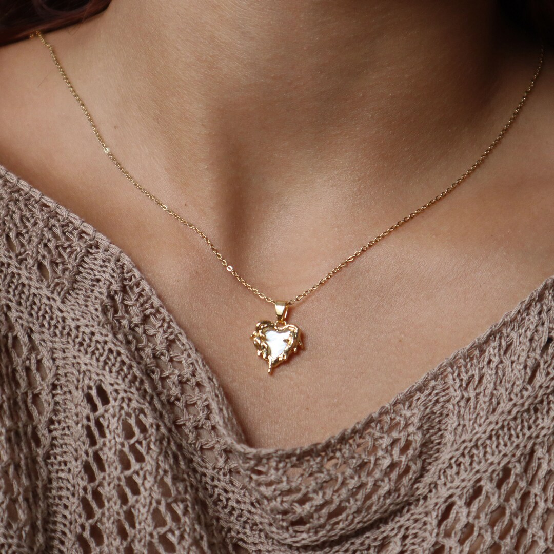 Melting Pearl Heart Necklace, Mother of Pearl Necklace, Melting Heart ...