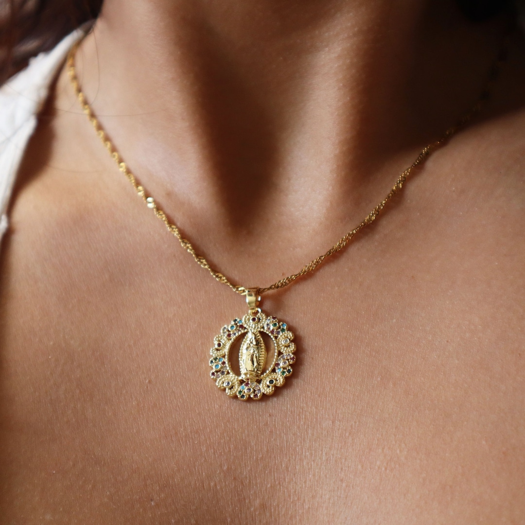 Virgin Mary Medallion Necklace, Multicolored Jewelry, Mother Mary ...