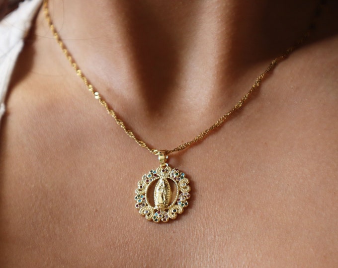 Virgin Mary Medallion Necklace, Multicolored Jewelry, Mother Mary ...