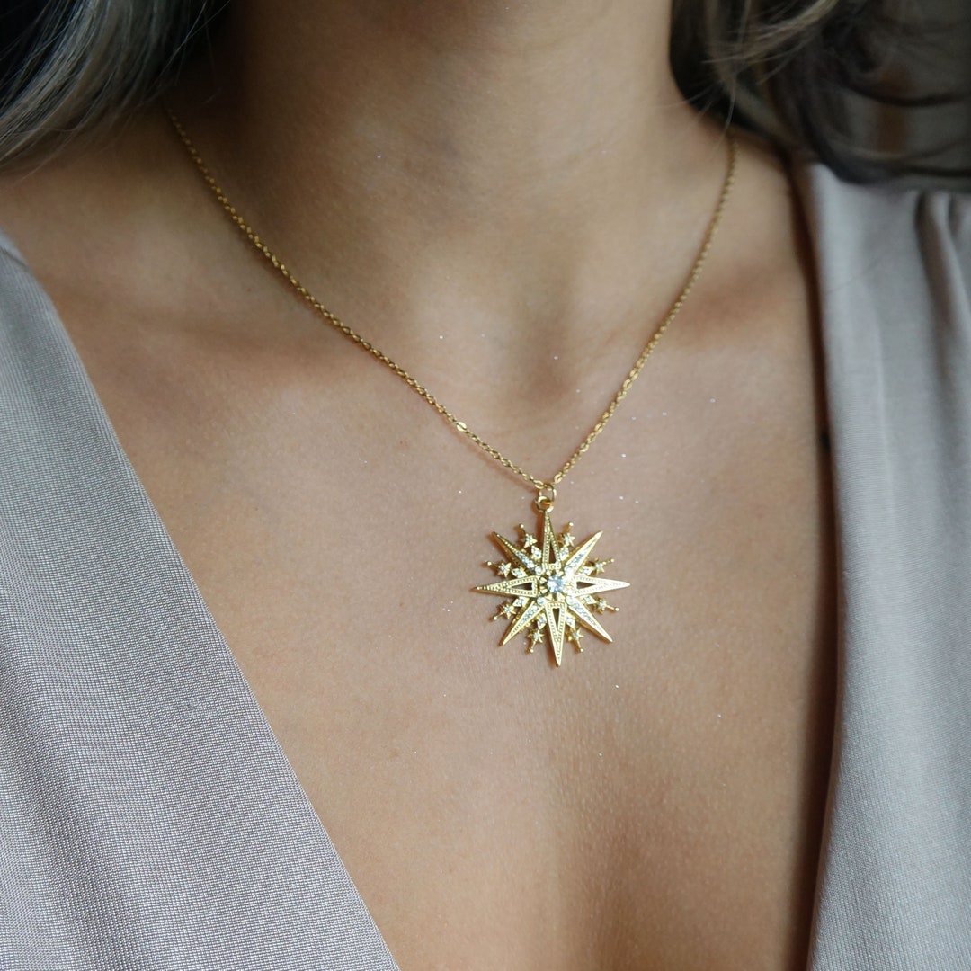Chunky Star Necklace, Starburst Necklace for Her, Christmas Gift, Gold ...