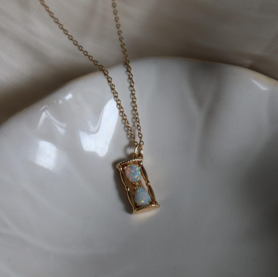 Dainty Hourglass Necklace With Opal Charm – 14K Gold Layering Jewelry ...
