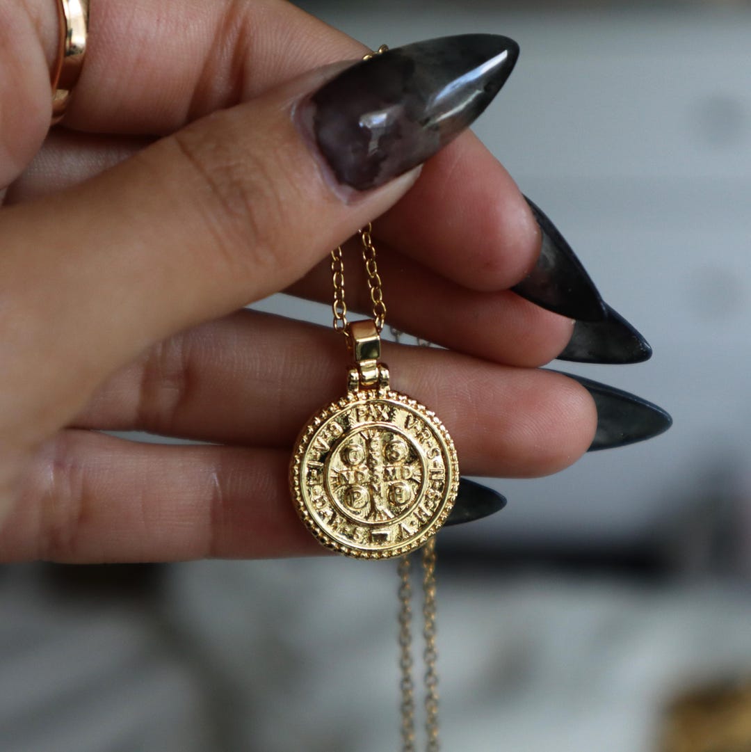 St. Benedict Medallion Necklace, Gold Coin Necklace, Religious Jewelry ...