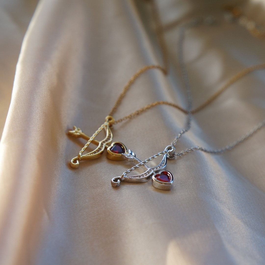 18K Gold Cupid Arrow Necklace – Heart Charm Pendant, Bow and Arrow ...