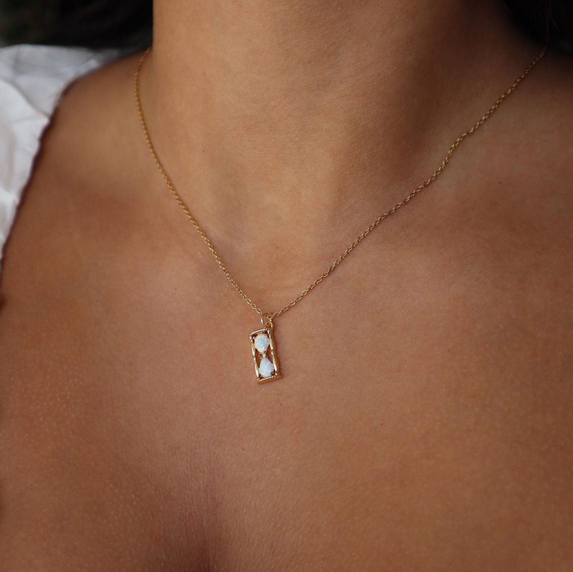 Dainty Hourglass Necklace With Opal Charm – 14K Gold Layering Jewelry ...