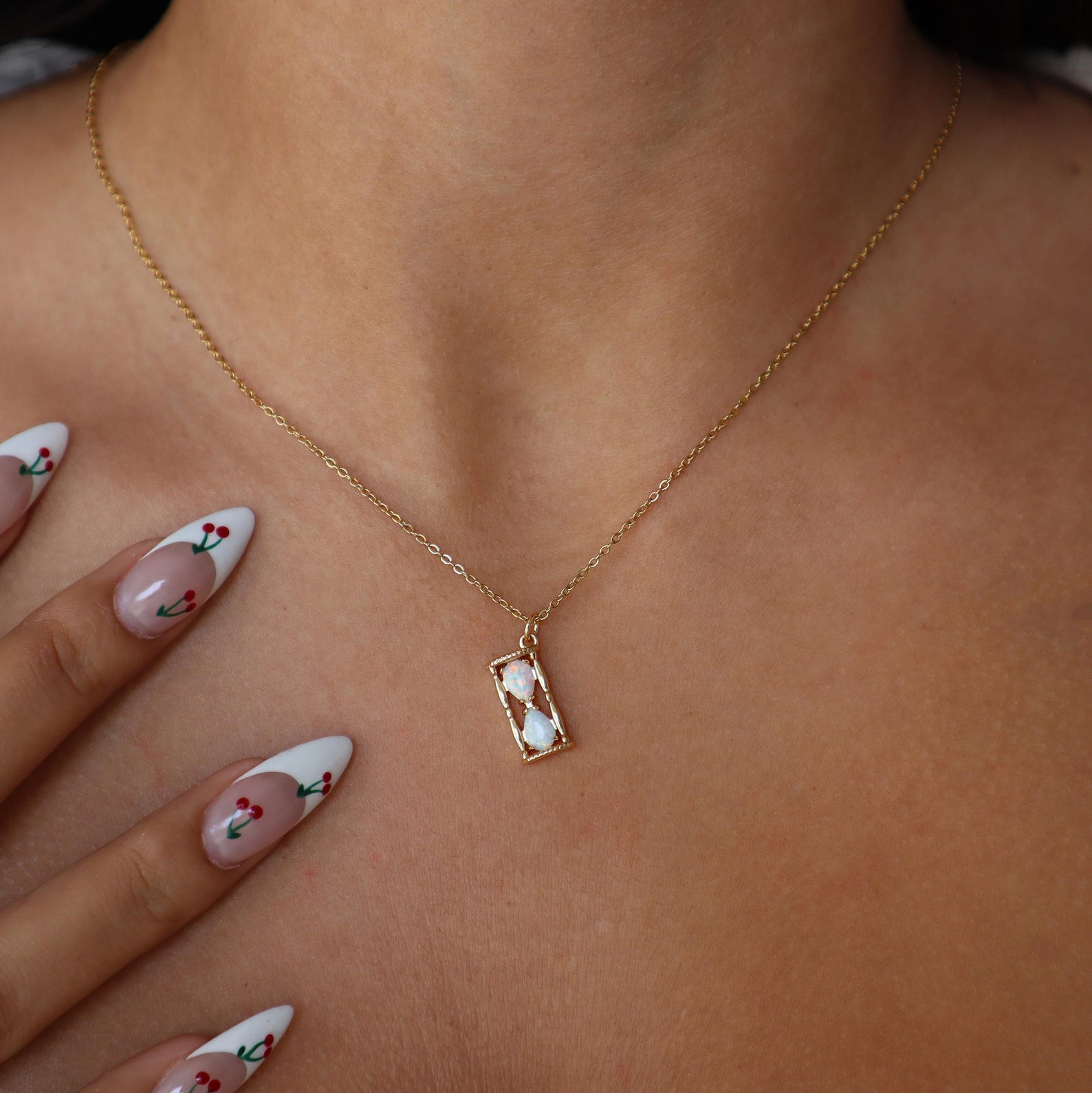 Dainty Hourglass Necklace With Opal Charm – 14K Gold Layering Jewelry ...