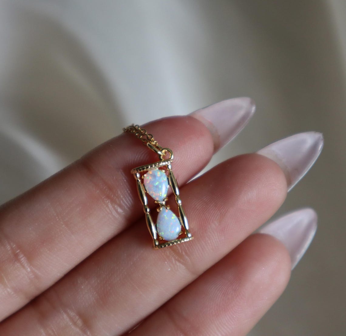 Dainty Hourglass Necklace With Opal Charm – 14K Gold Layering Jewelry ...