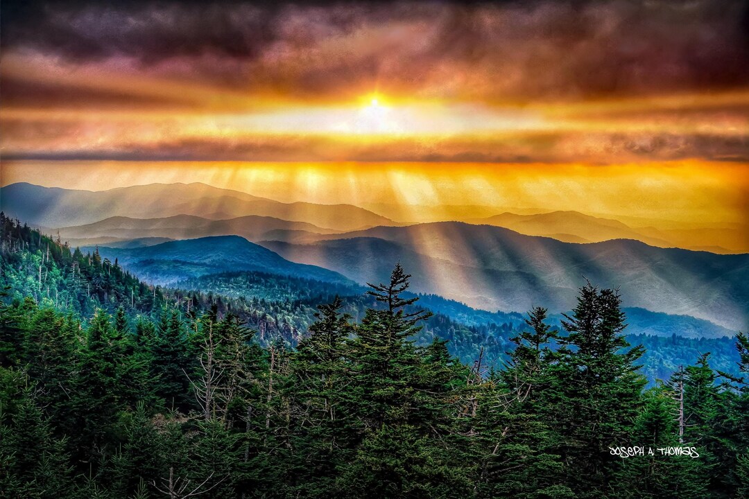 Smoky Mtn Sunray Sunset- Clingmans Dome -- Great Smoky Mtns - Blue Ridge Parkway / Smoky ...