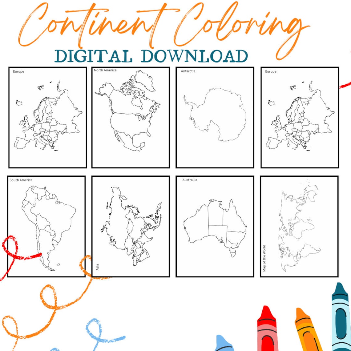 Continent and World Map Coloring Pages - Etsy
