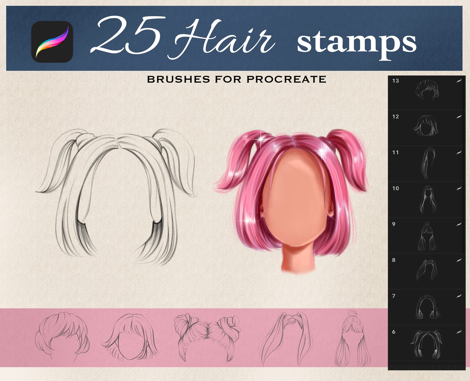 Hair Stamps Brushes Procreate, Procreate Hair Brushes, Curly Hair ...