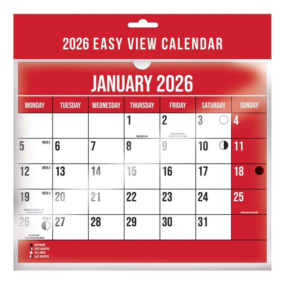 2026 Wall Calendar: Red & Black Monthly Planner - Home, Office, School ...