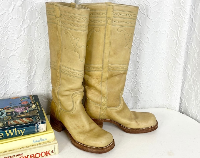 Vintage Frye Leather Banana Campus Boots With Teal Stitching, Vintage ...