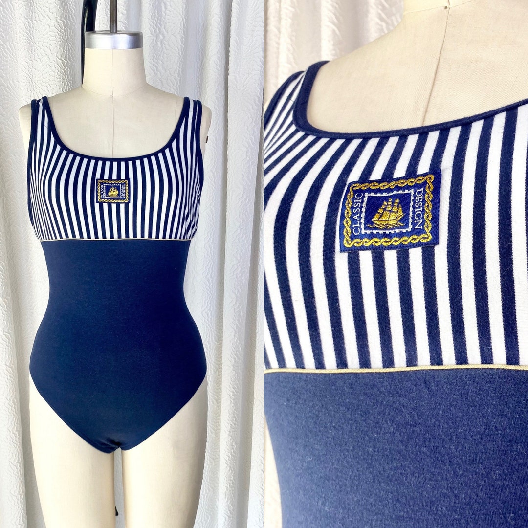 Vintage Blue and White Striped Nautical Le Cove One Piece Swimsuit ...