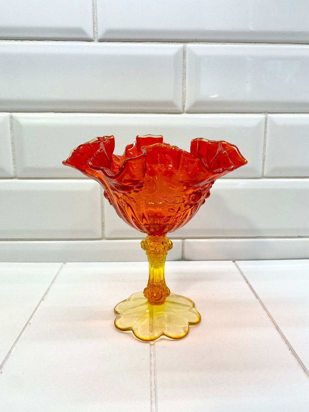 Vintage L. E. Smith Amberina Glass Ruffle Top Compote, Vintage LE Smith ...