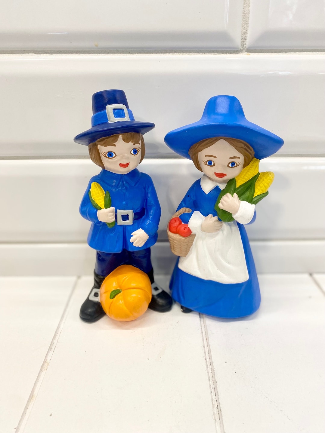 Vintage Thanksgiving Ceramic Pilgrim Couple, Boy and Girl Pilgrim ...