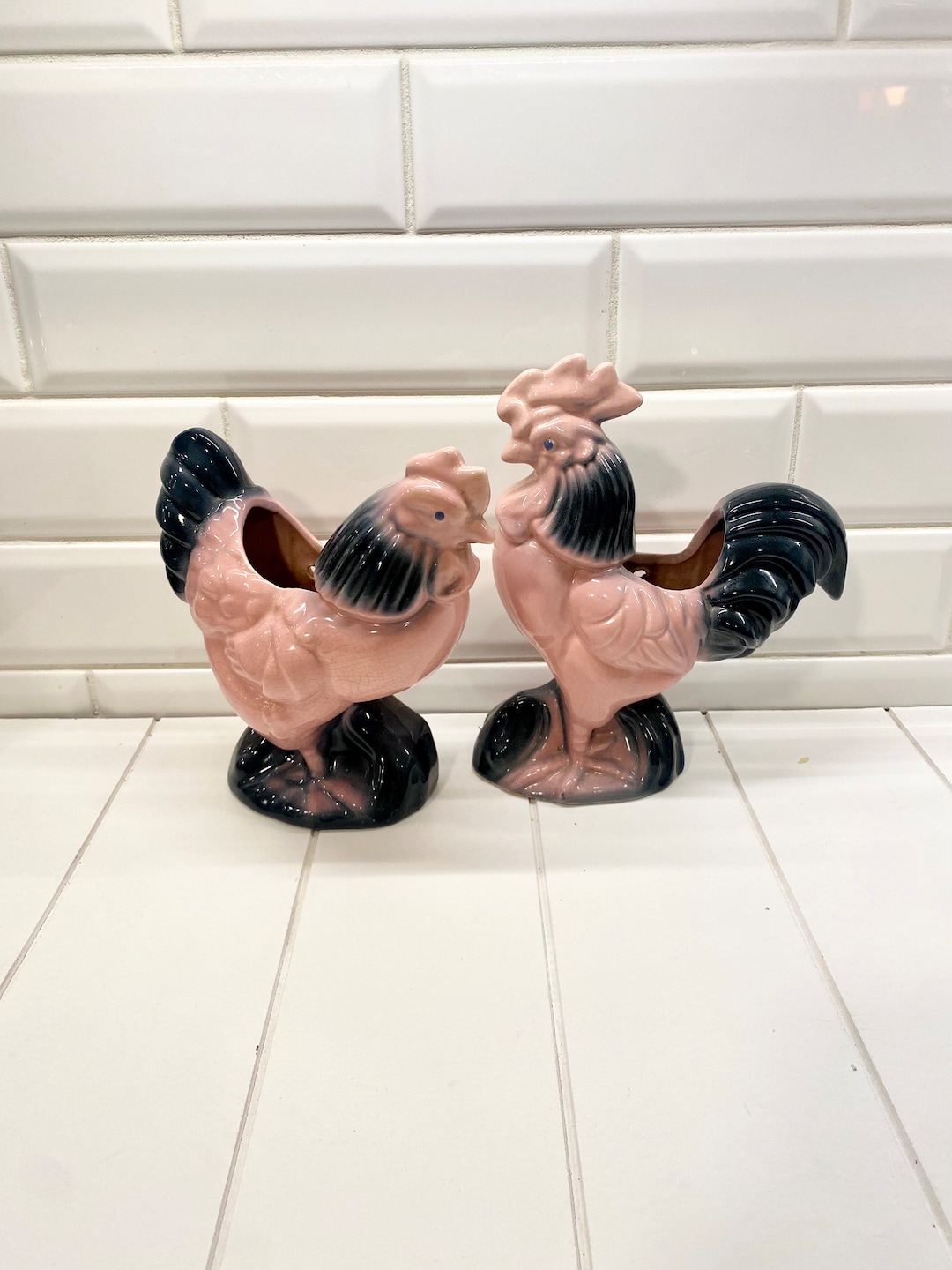 Vintage Large Pink Morton Ceramic Rooster and Hen Wall Pocket, Rooster ...