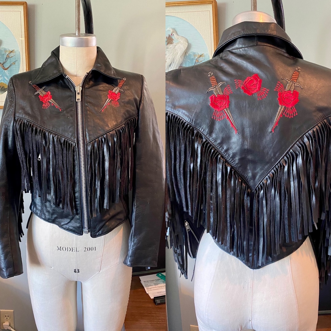 Vintage All American Rider Black Leather Fringe Motorcycle Jacket With ...