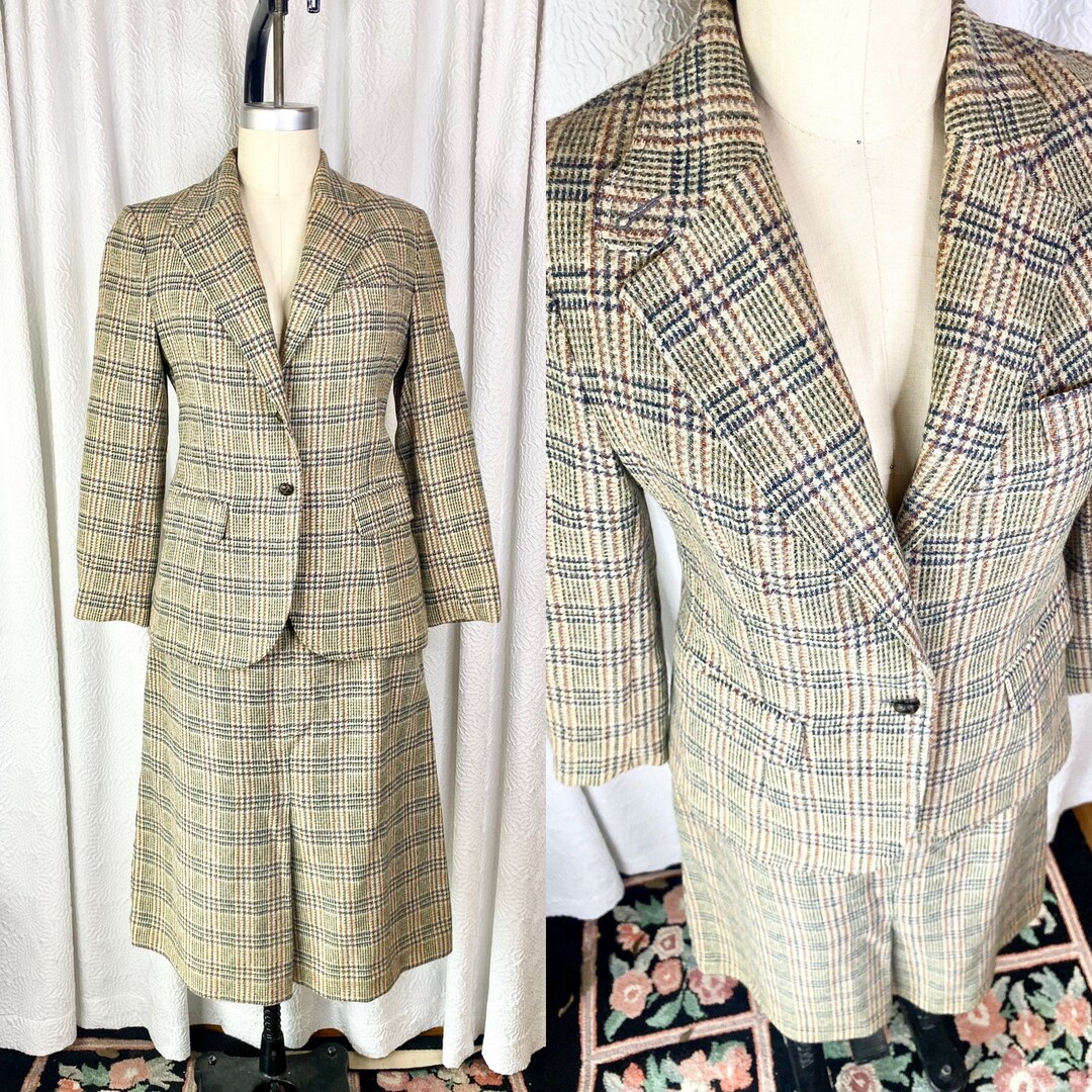 Vintage the Villager Brown Textured Wool Plaid Skirt Suit, Plaid Skirt ...