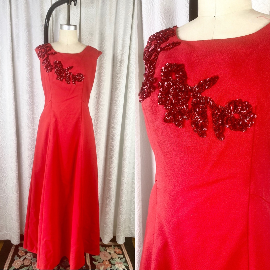 Vintage 1960s Red Beaded Evening Gown, Vintage Red Gown, Beaded Gown ...
