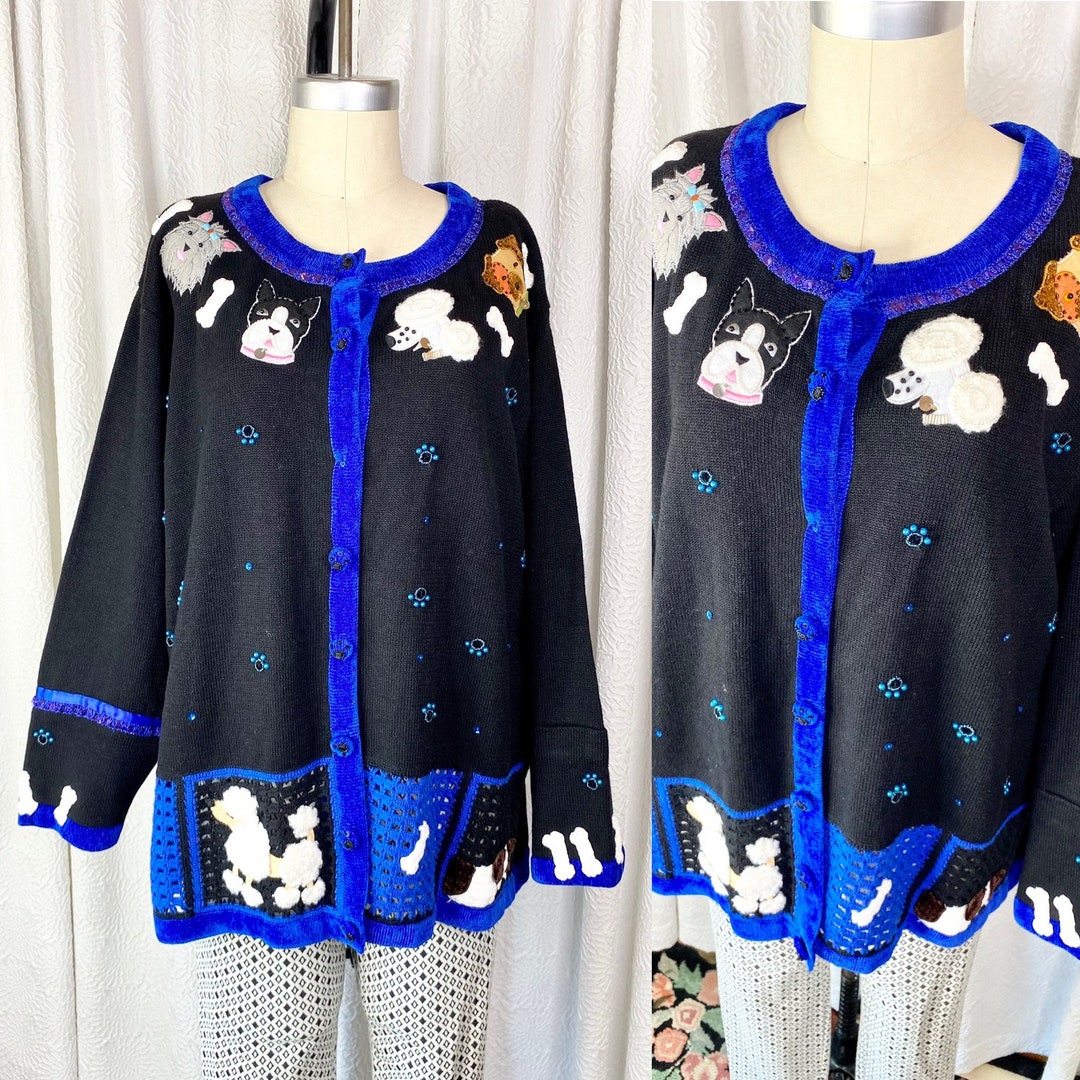 Vintage Quaker Factory Quirky Kitschy Dog Cardigan, Vintage Dog Sweater ...
