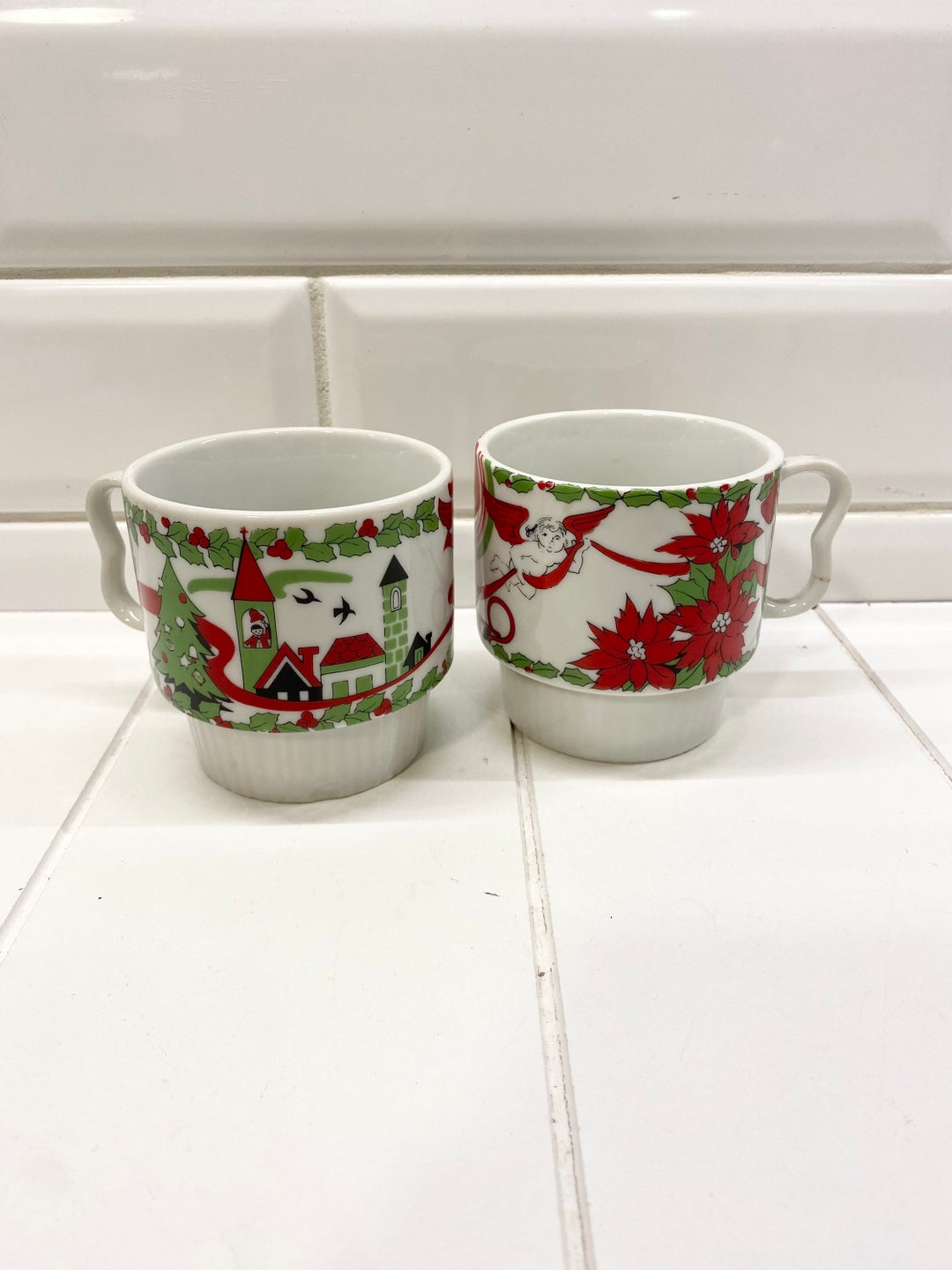 Vintage Poinsettia Stackable Christmas Mugs Stackable Mugs - Etsy