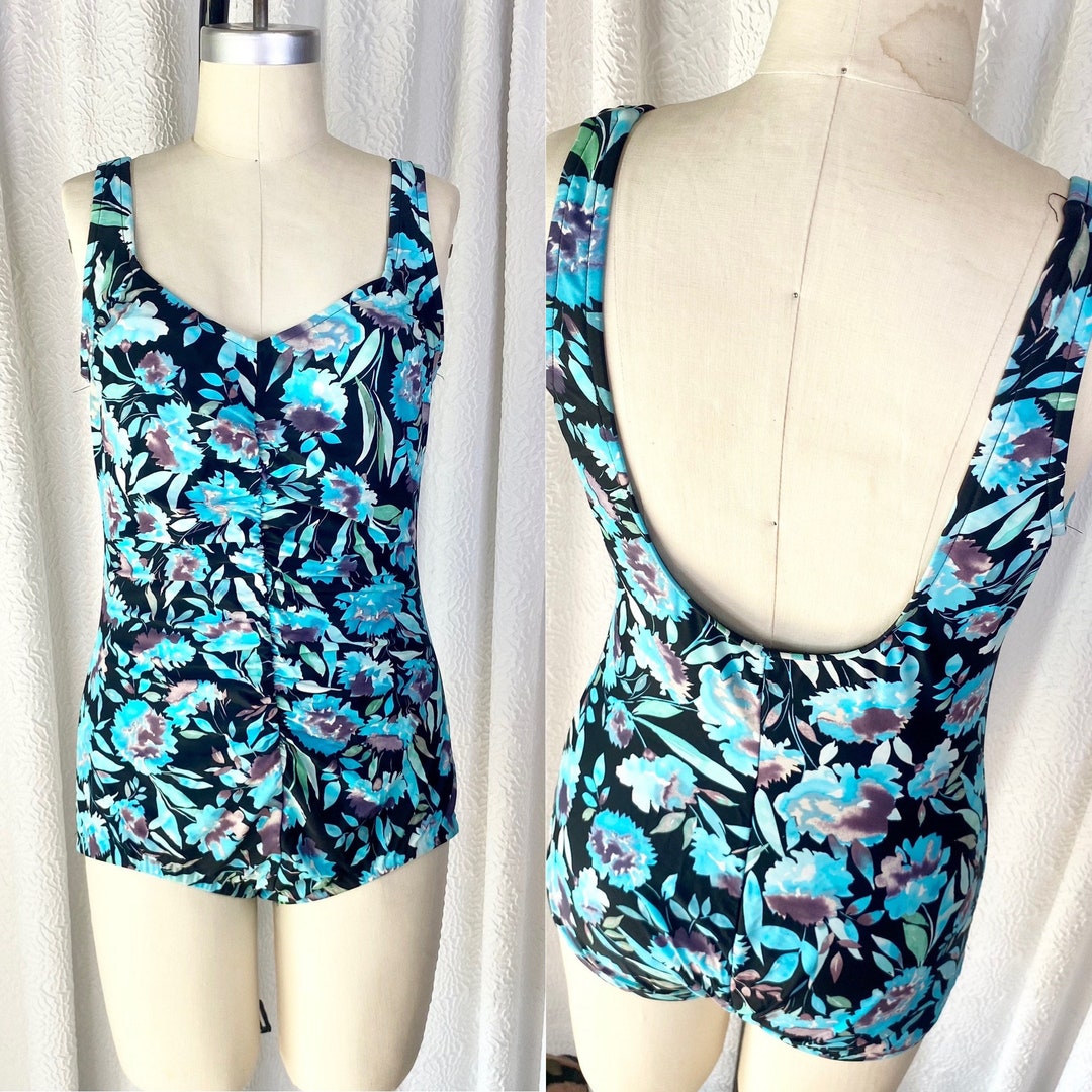 Vintage Blue Floral Maxine Of Hollywood One Piece Swimsuit Vintage