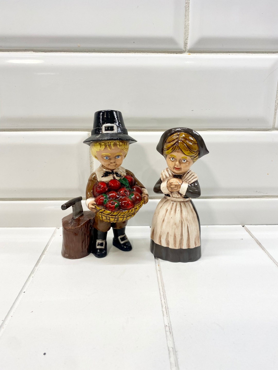 Vintage Thanksgiving Ceramic Pilgrim Couple, Boy and Girl Pilgrim ...