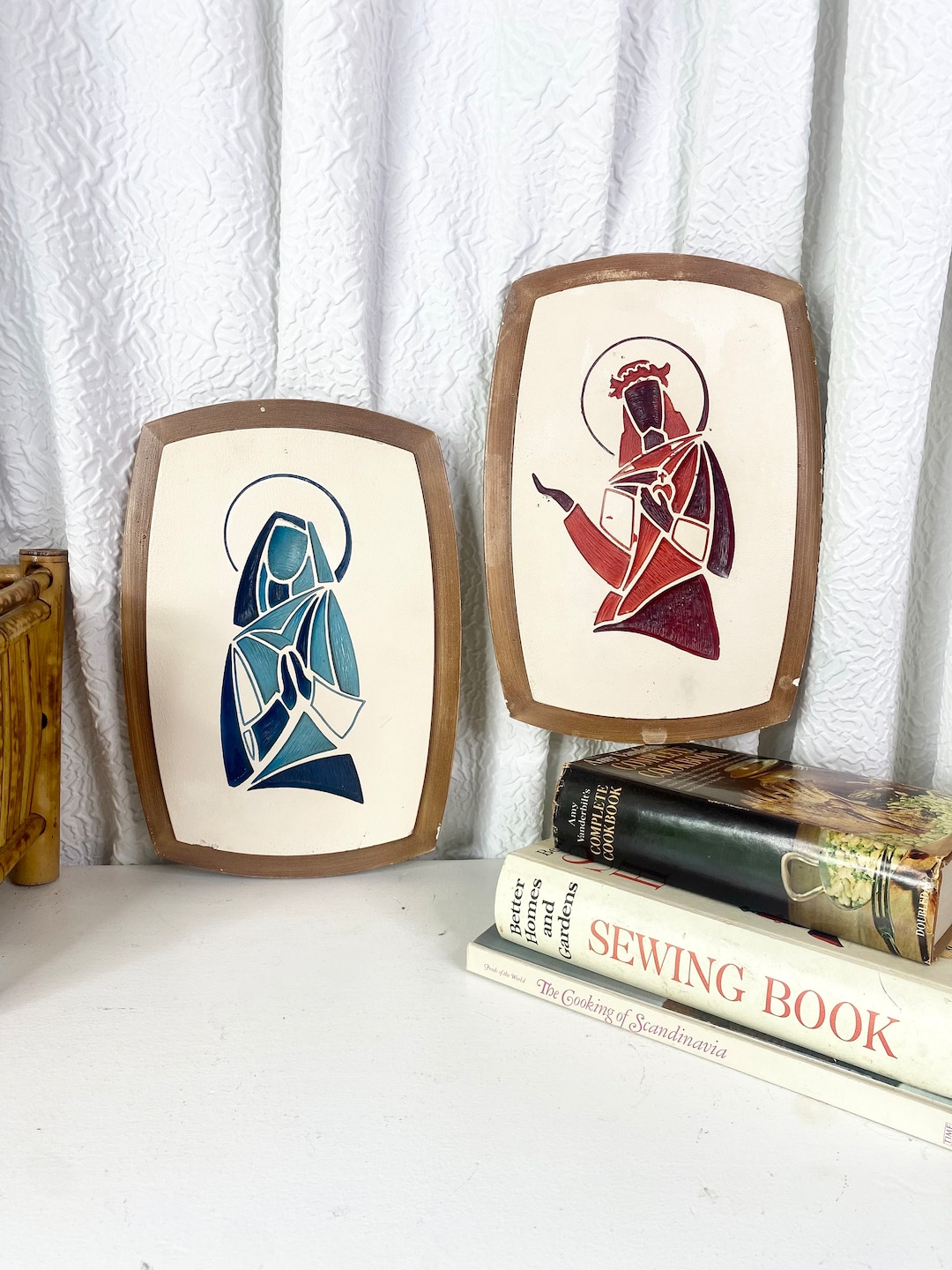 Vintage Jesus Sacred Heart and Blessed Virgin Mary Chalkware Wall ...