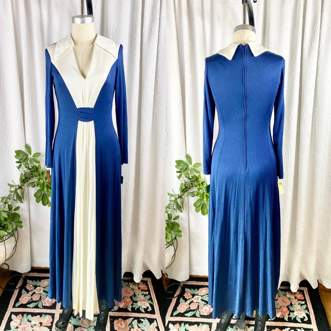 Vintage Navy Blue and White Grecian Goddess Maxi Dress, Vintage ...
