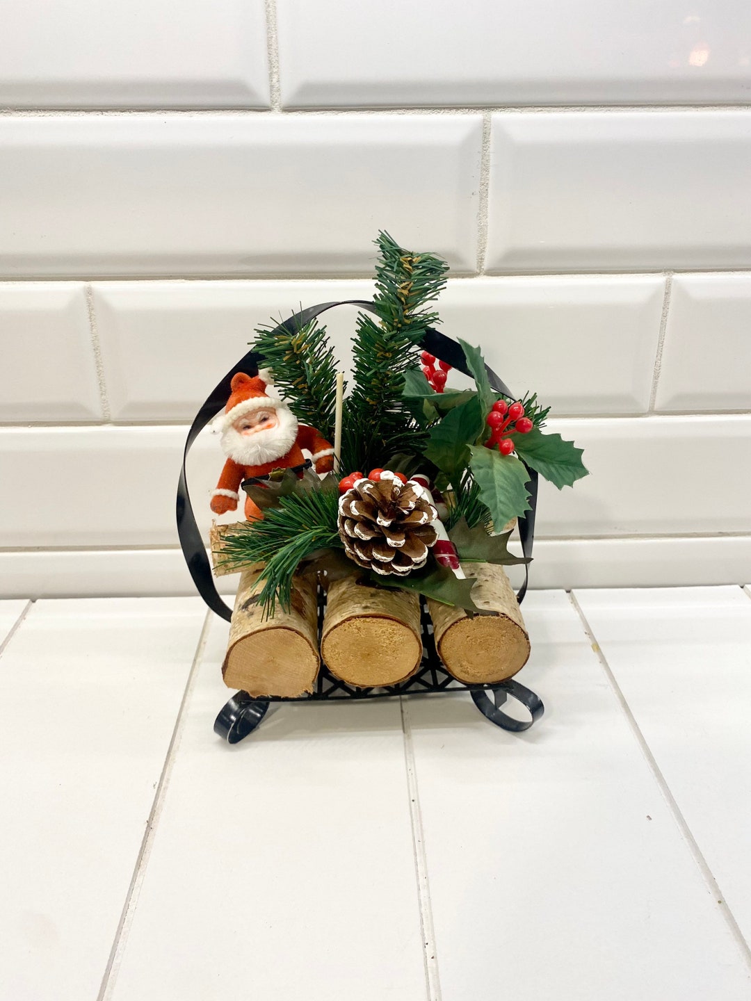 Vintage Felted Santa Wrought Iron Birch Log Kitschy Christmas Decor ...
