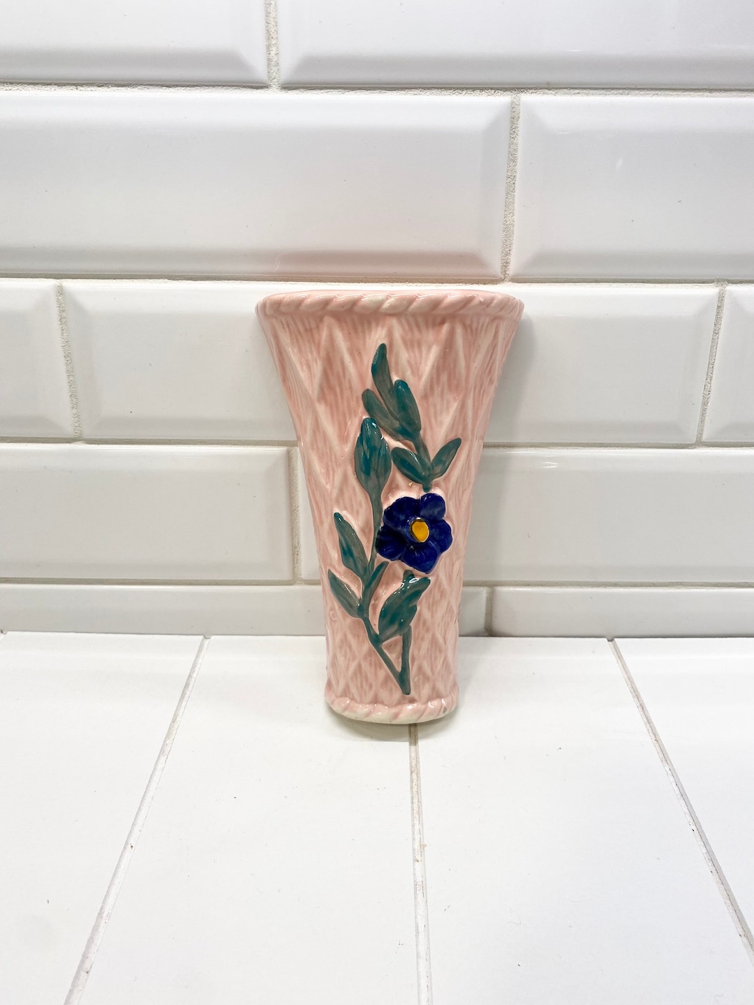 Vintage Pink Ceramic Floral Wall Pocket, Basket Weave Design, Vintage ...