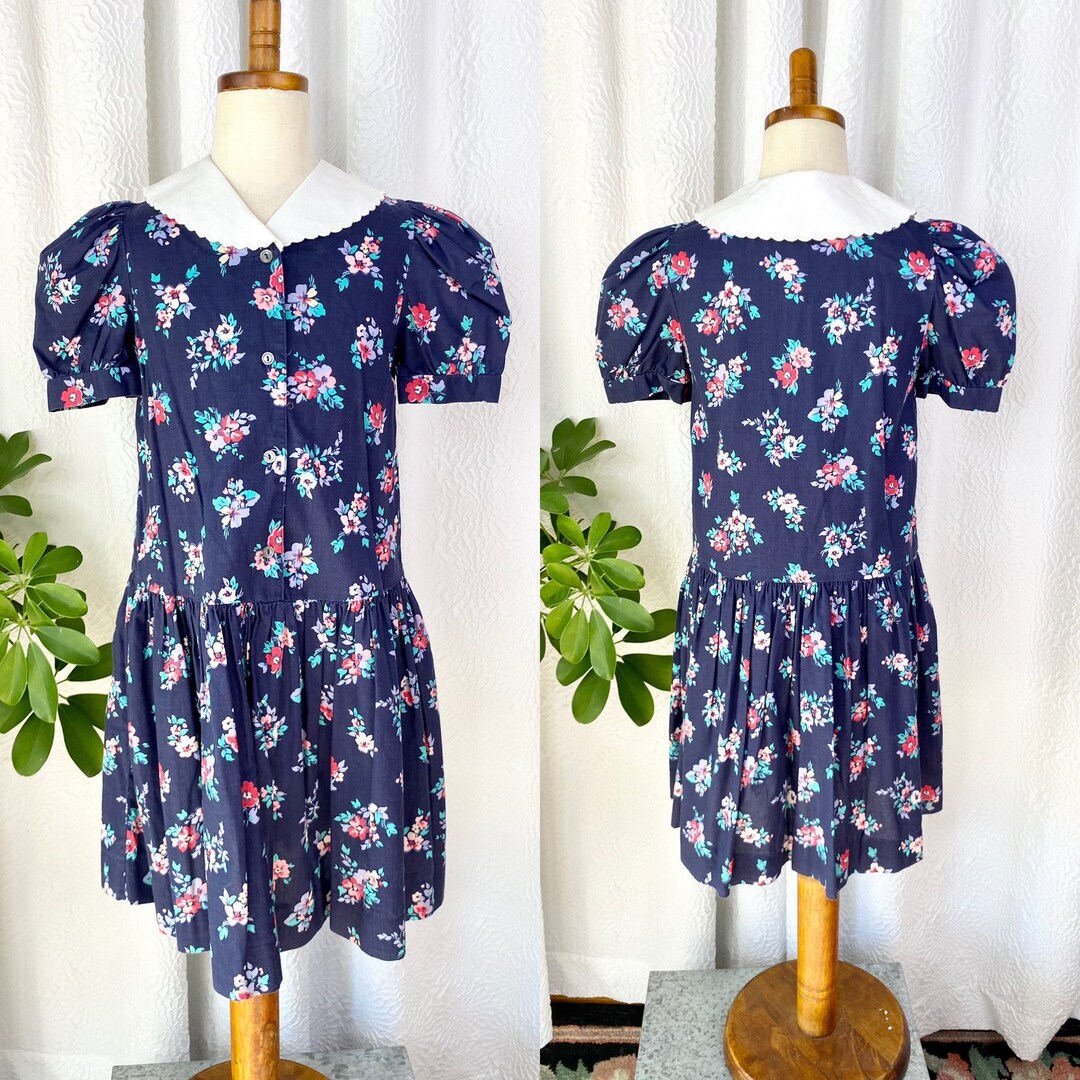 Vintage Laura Ashley Navy Blue Floral Cotton Dress, Vintage Laura ...