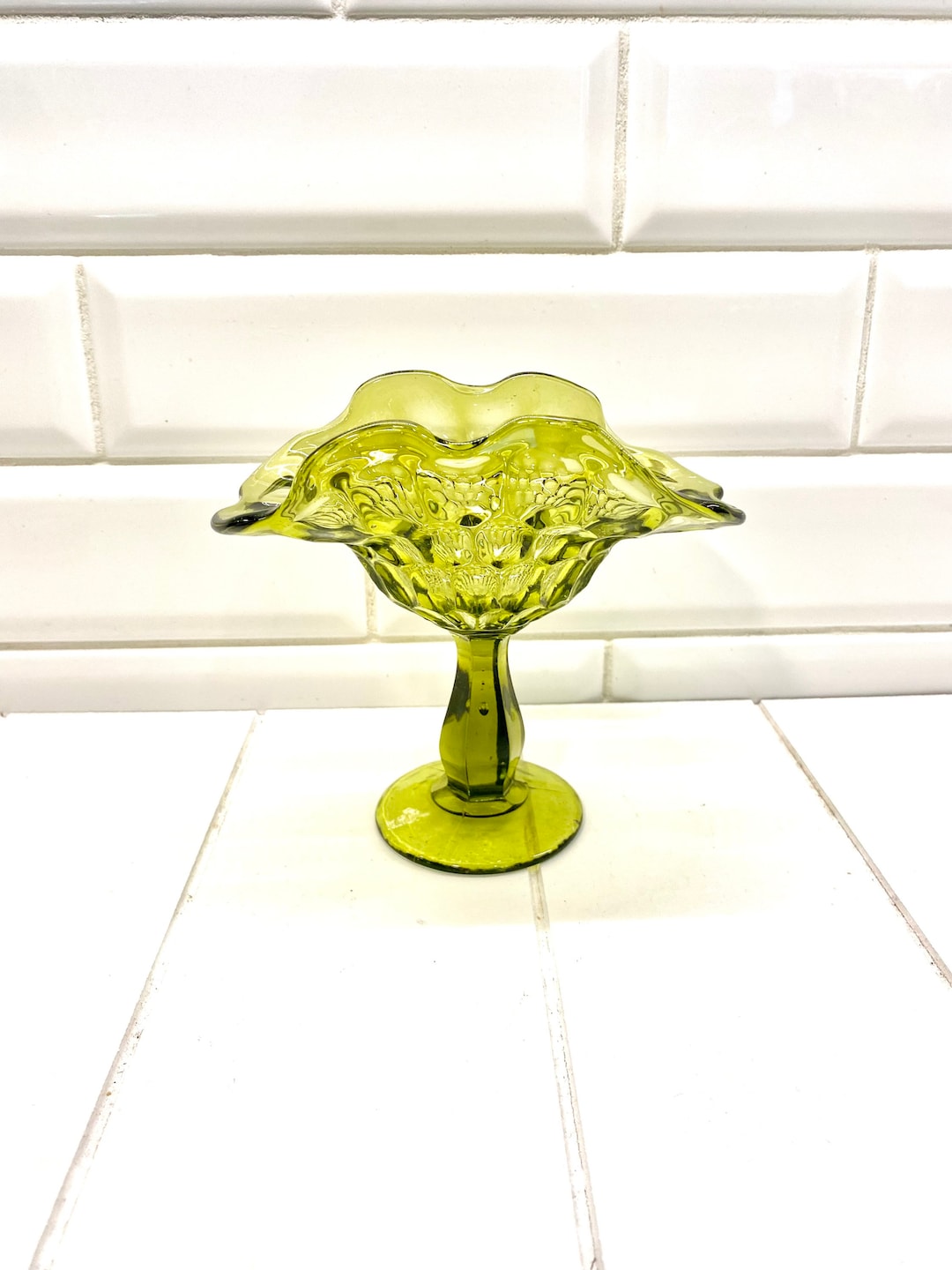 Vintage Fenton Colonial Green Thumbprint Ruffled Glass Compote, Vintage ...