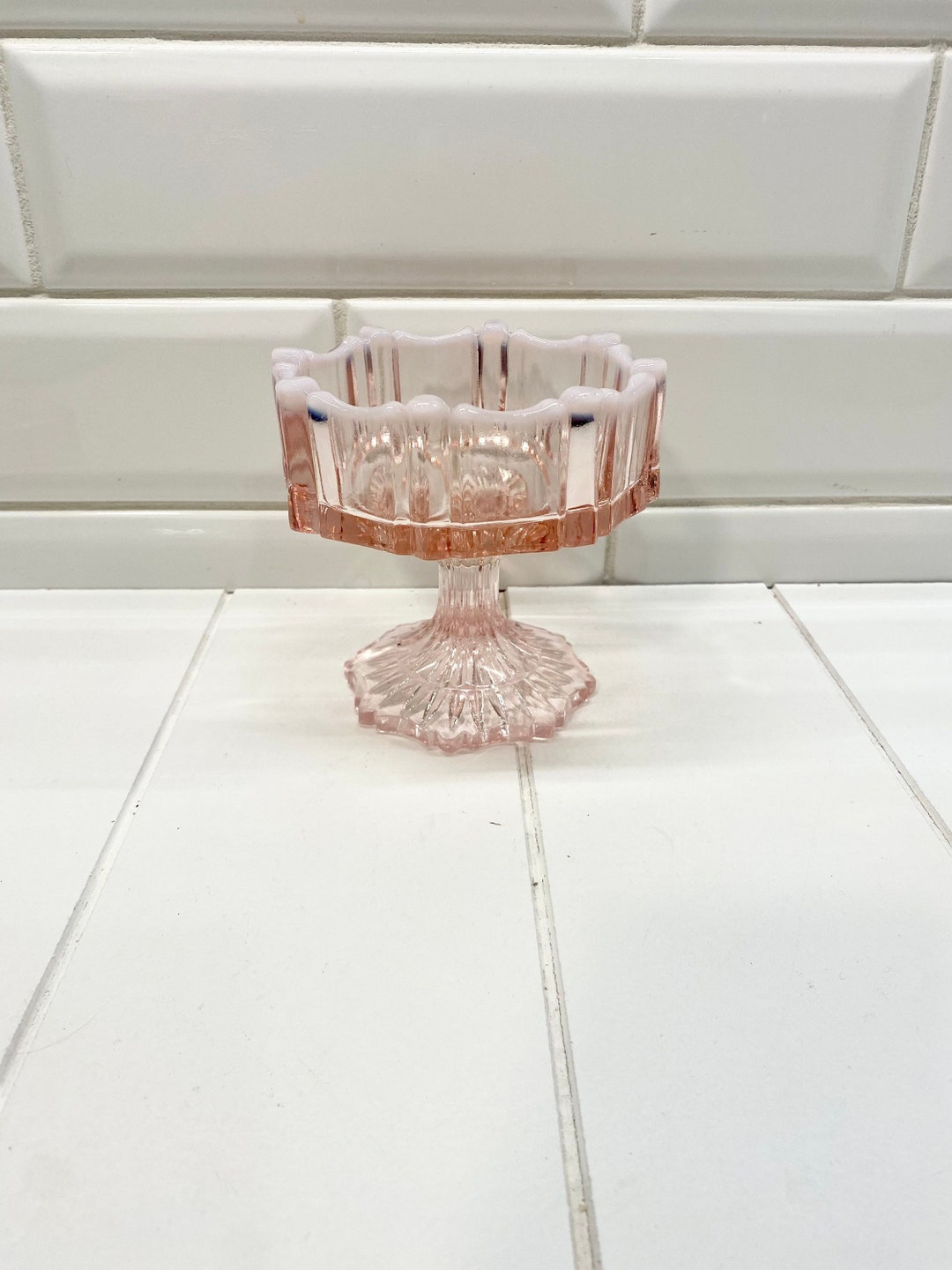Vintage Pale Pink Opalescent Brutalist Square Glass Stemmed Compote ...