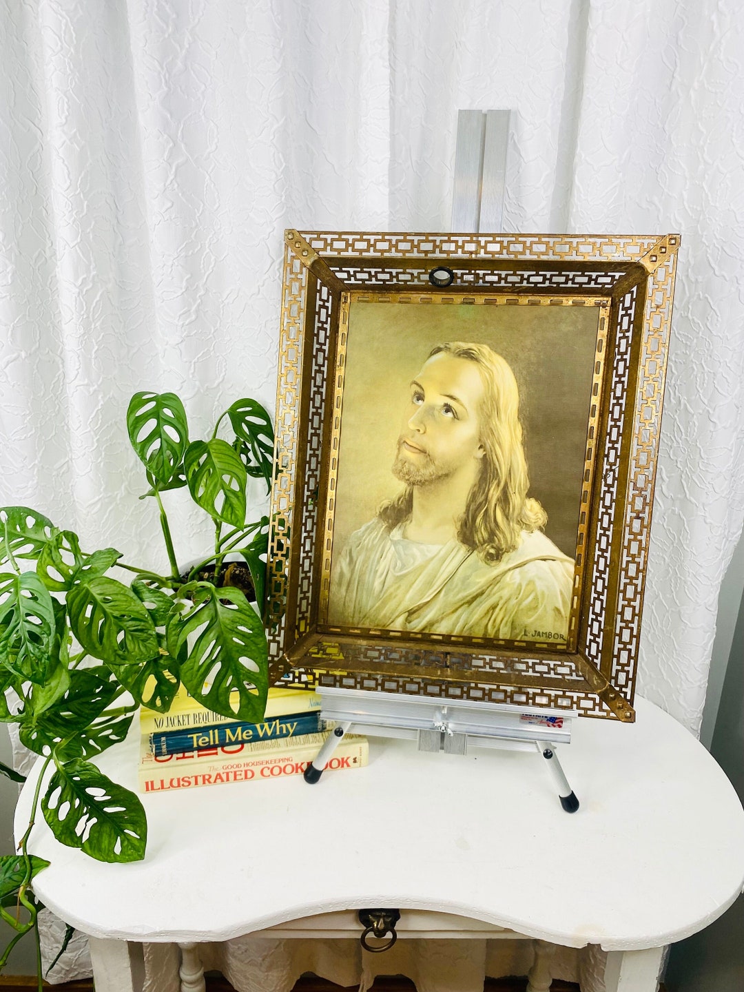 Vintage Jesus Portrait Print With Brass Frame, Jesus Wall Hanging ...