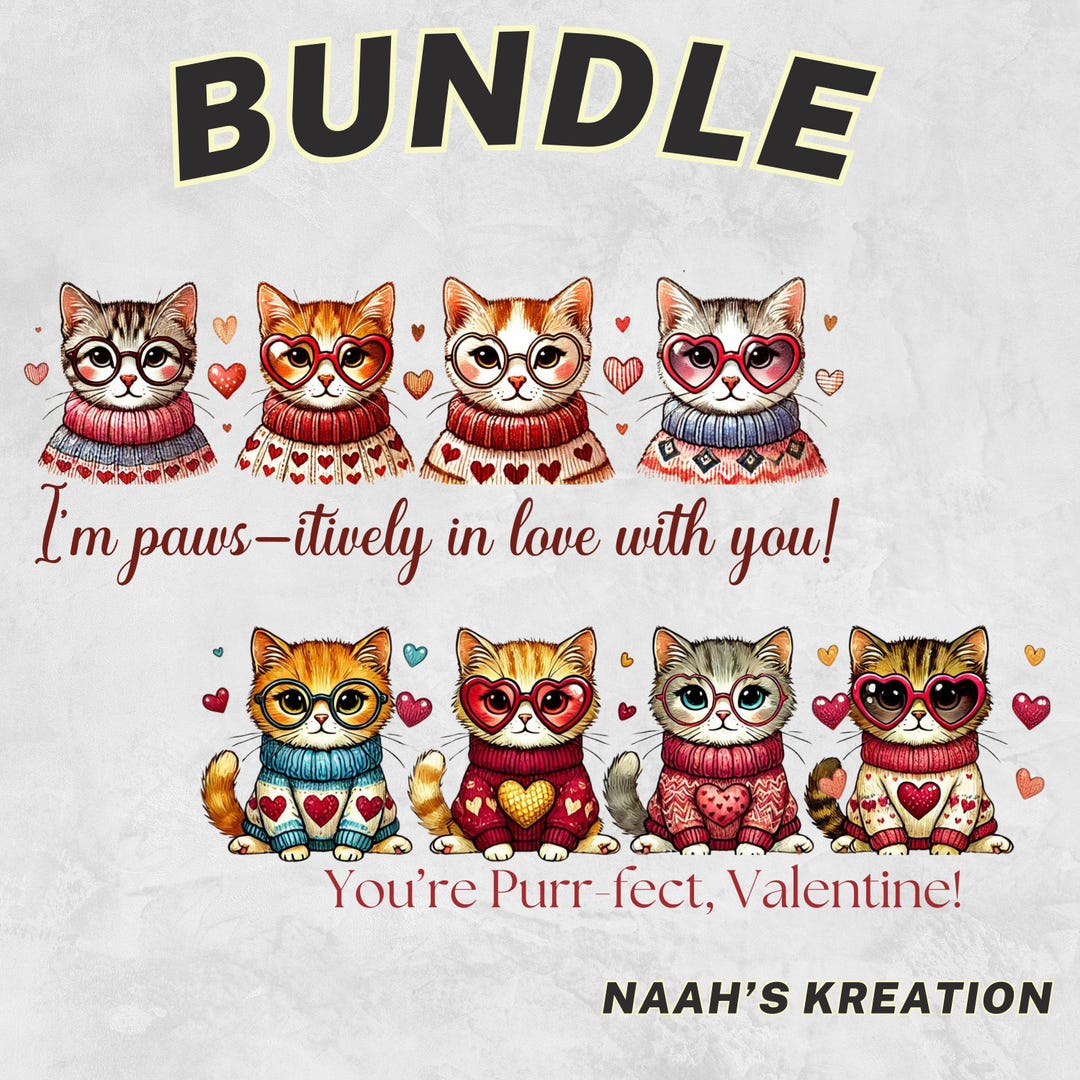 Bundle Cute Valentine Cat With PNG Printable Clipart, Cat Lover Digital ...