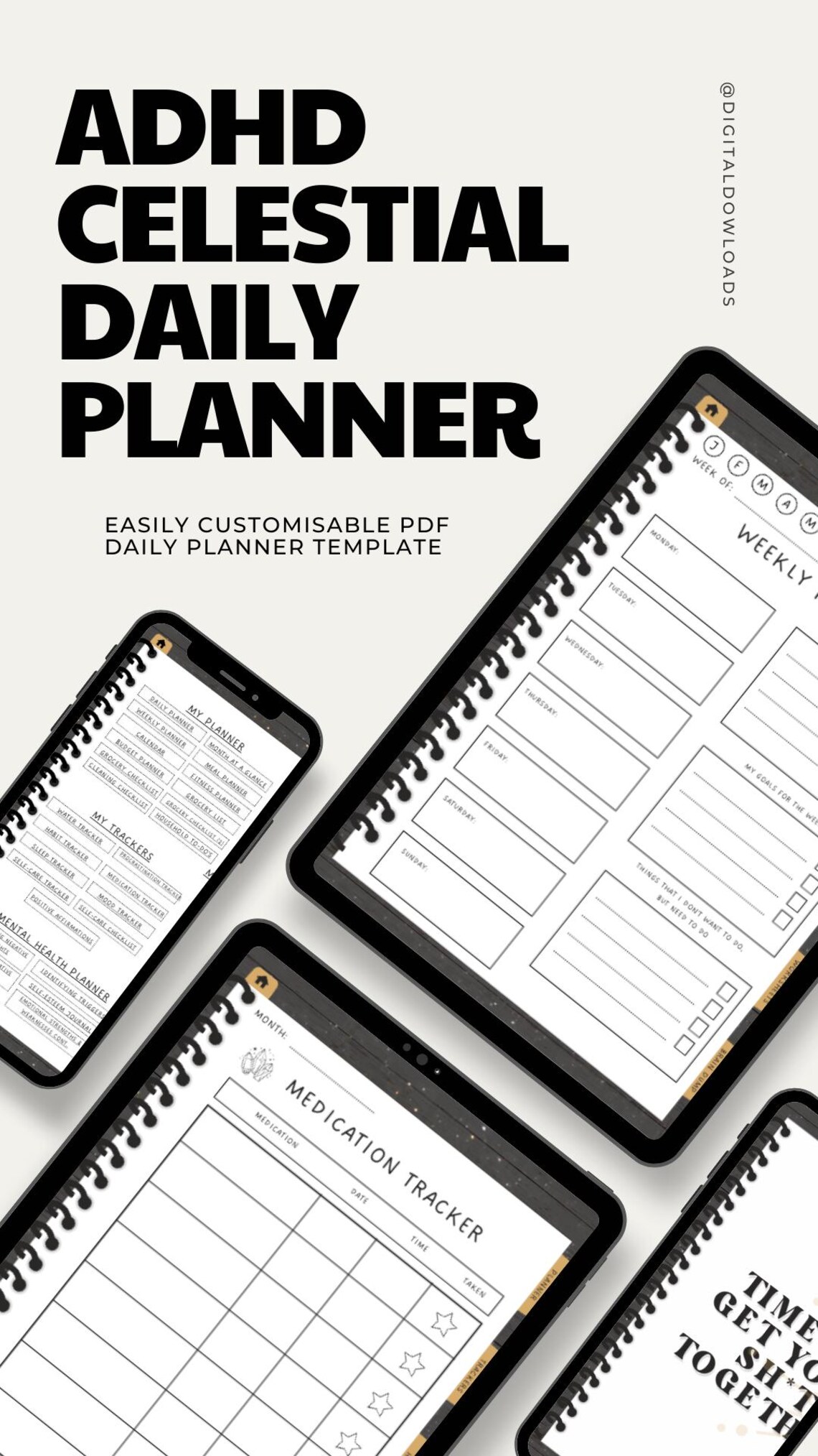 ADHD Digital Planner 43 Pages Black, Gold & Celestial Theme Organize ...