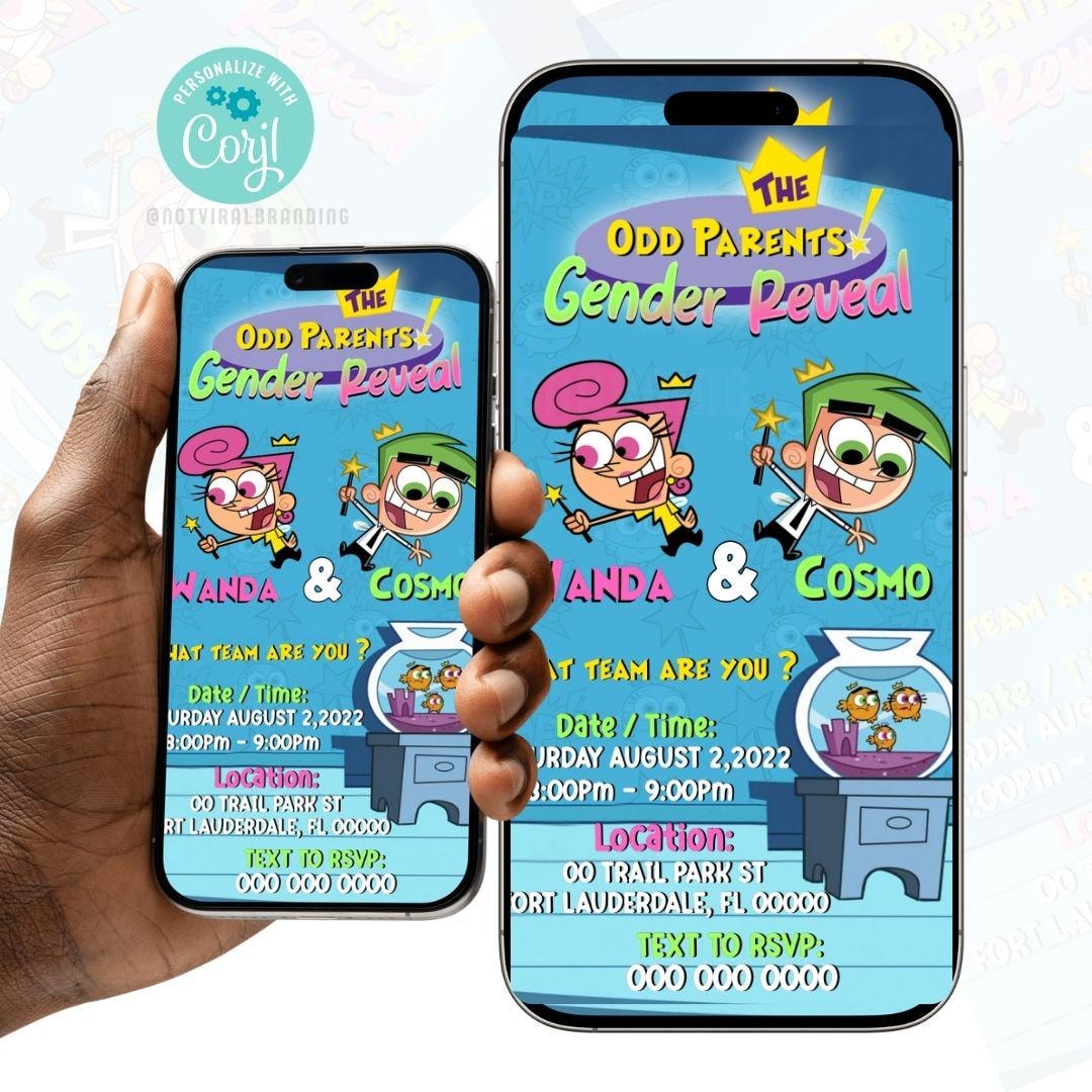 Gender Reveal Invitation, Cosmo and Wanda, Digital Invite, - Etsy