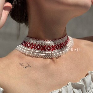 Transparent Necklace With Red Patterns, Shiny Necklace for a Holiday ...