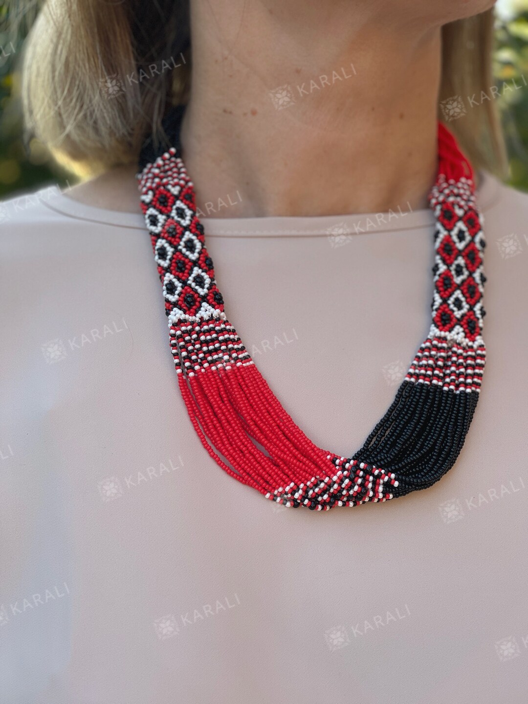 Red & Black Seed Bead Necklace: Chunky Ethnic Bib Jewelry - Etsy