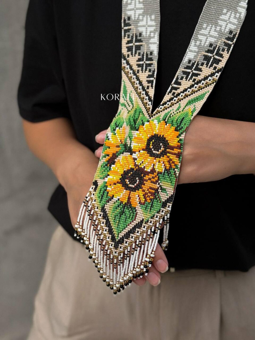 Long Necklace Gerdan Beaded With Sunflower Necklace Ukrainian Beadwork ...