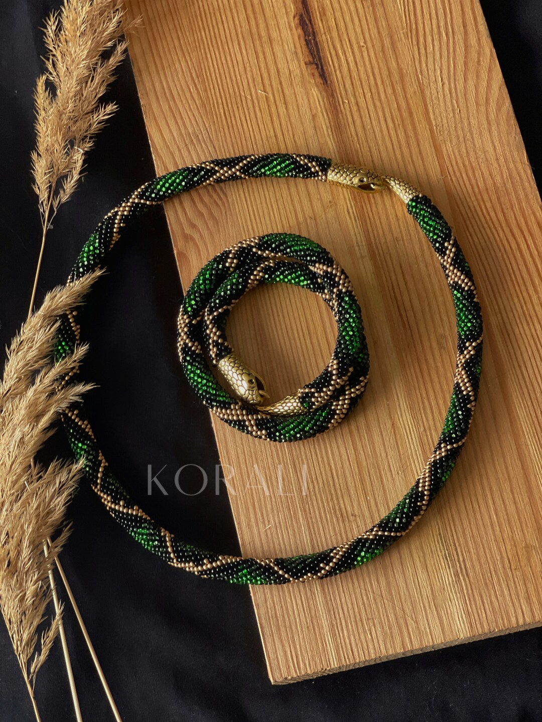 Green Snake Necklace Snake Bracelet Beaded Snake Necklace Serpent ...