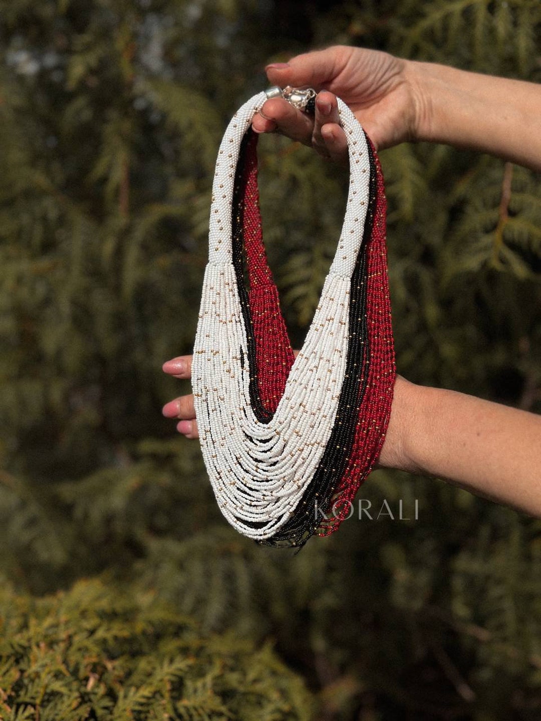 Red & Black Seed Bead Necklace: Chunky Multi Strand Jewelry - Etsy