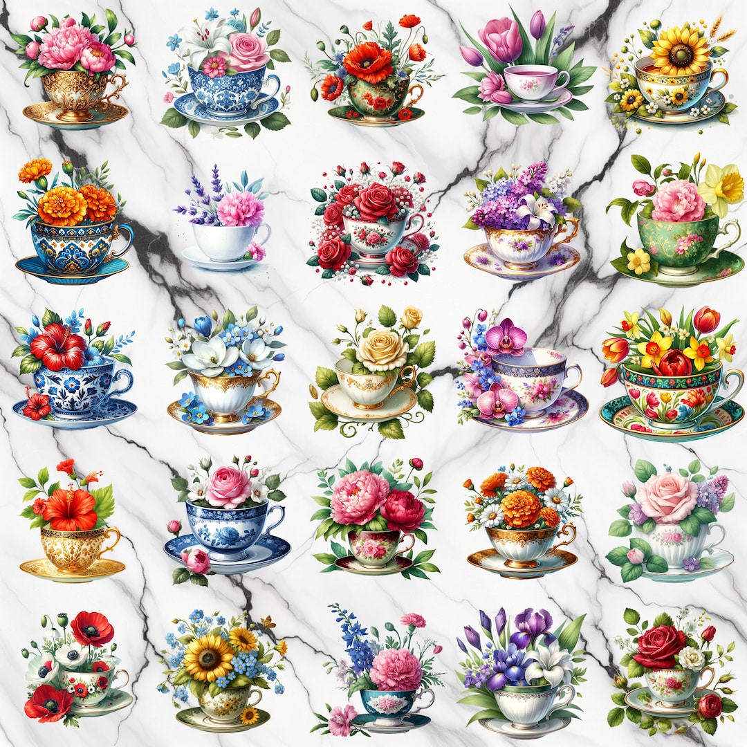 27 Floral Tea Cup Clipart, Floral Tea Set, Printable Watercolor Clipar ...