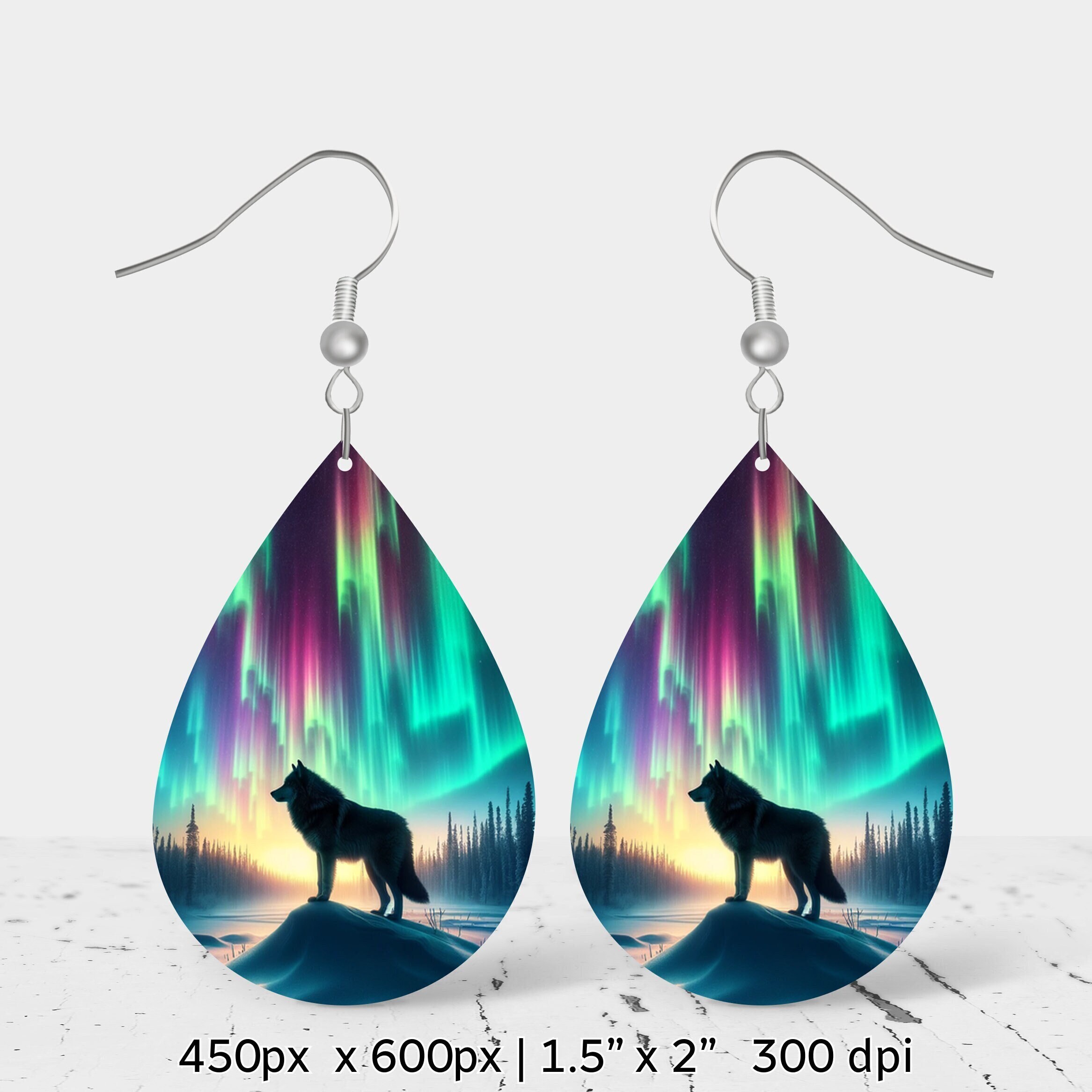 Wolf Aurora Borealis Winter Sublimation Earring Design, Teardrop ...