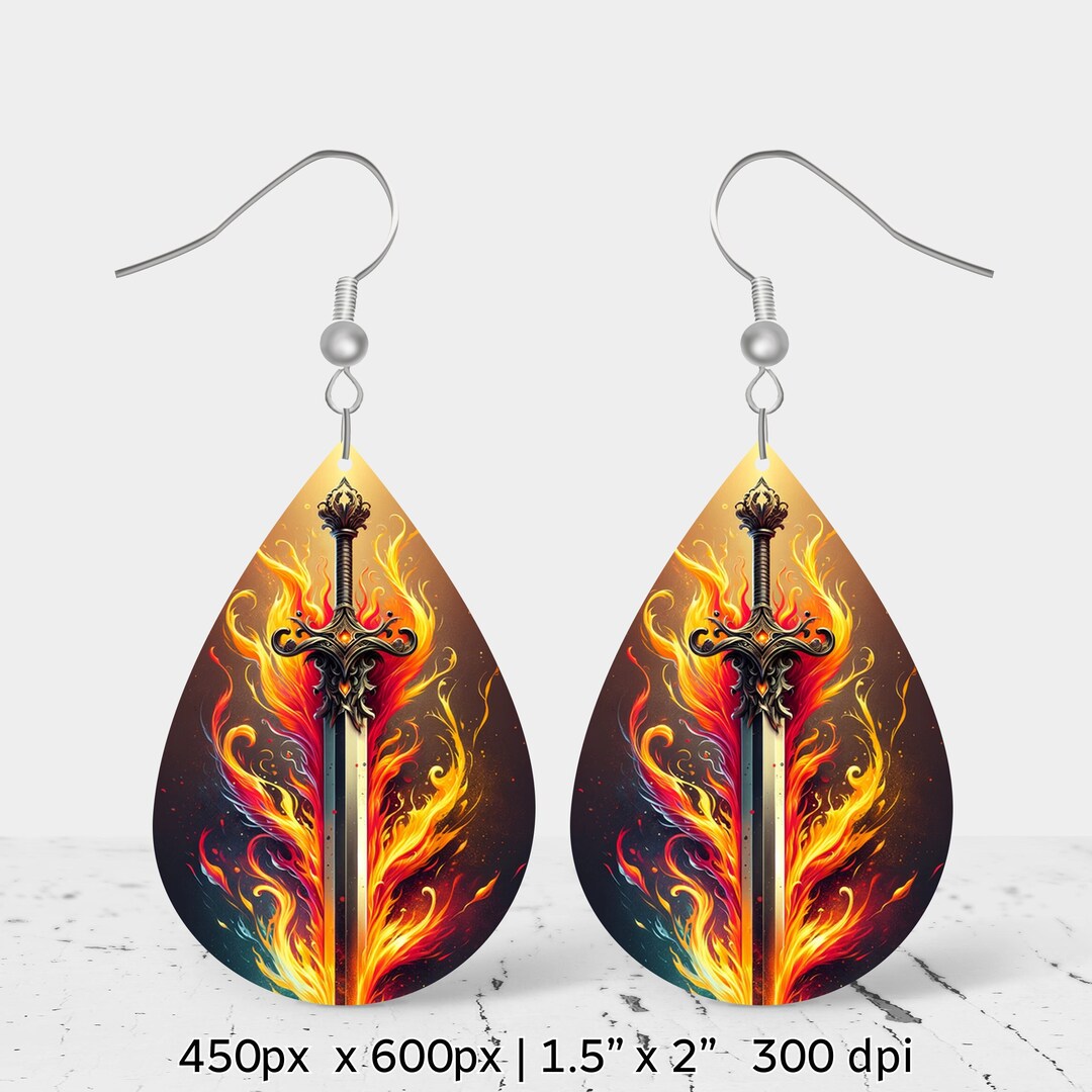 Fire Sword Sublimation Earring Design, Teardrop Earring Design, Instant ...