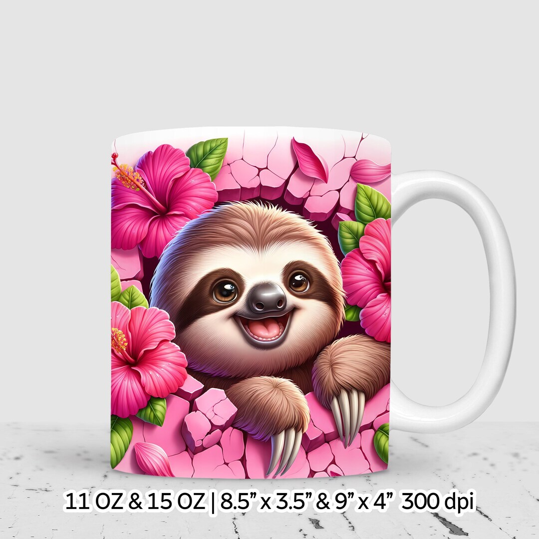 3D Cute Sloth Hole in the Wall Sublimation Mug Wrap Design, 11 Oz & 15 ...