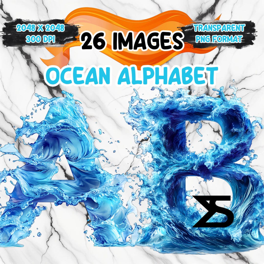 Watercolor Ocean Alphabet PNG Image on Transparent Background, Digital ...